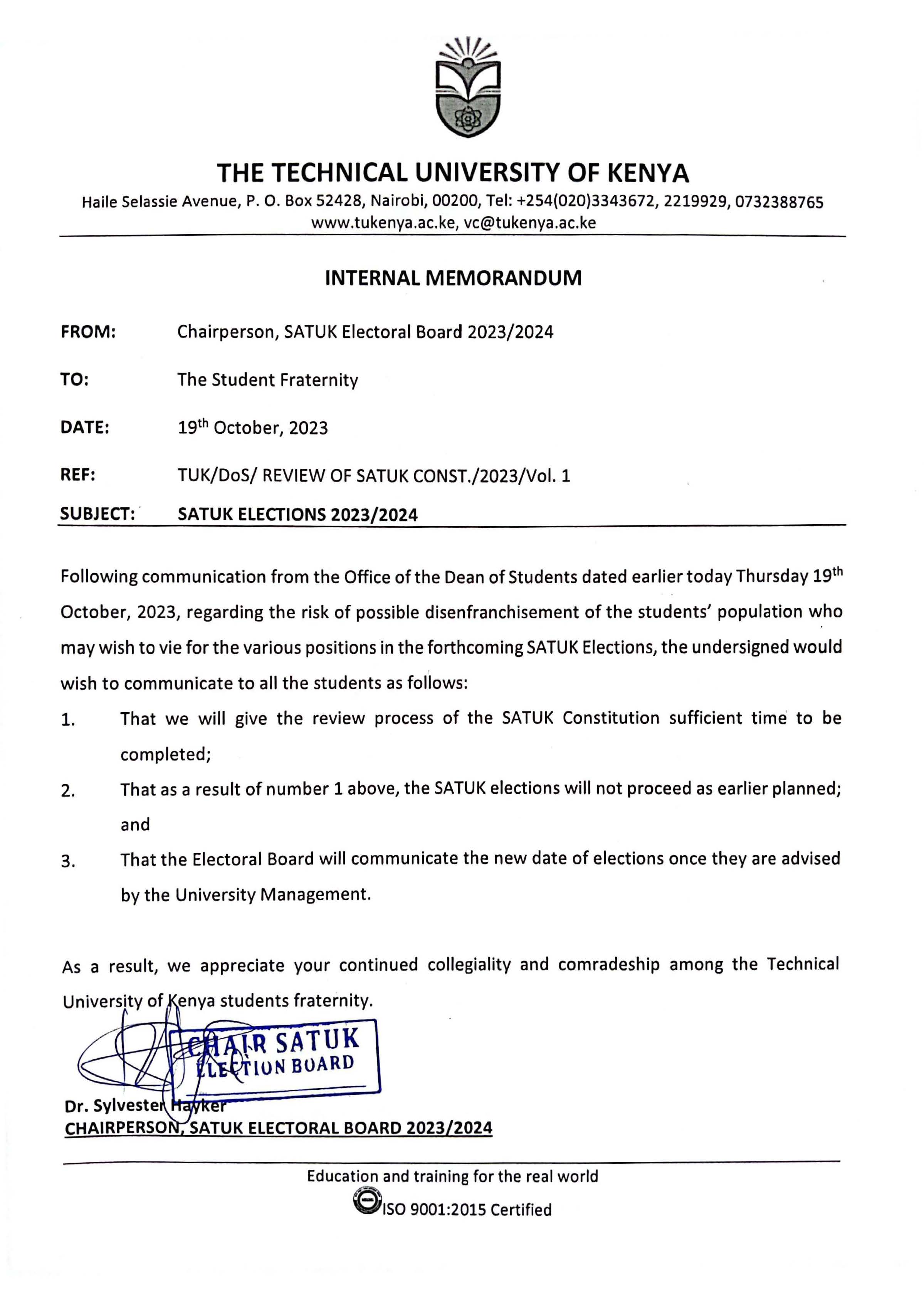 SATUK Elections 2023/2024 - The Technical University of Kenya